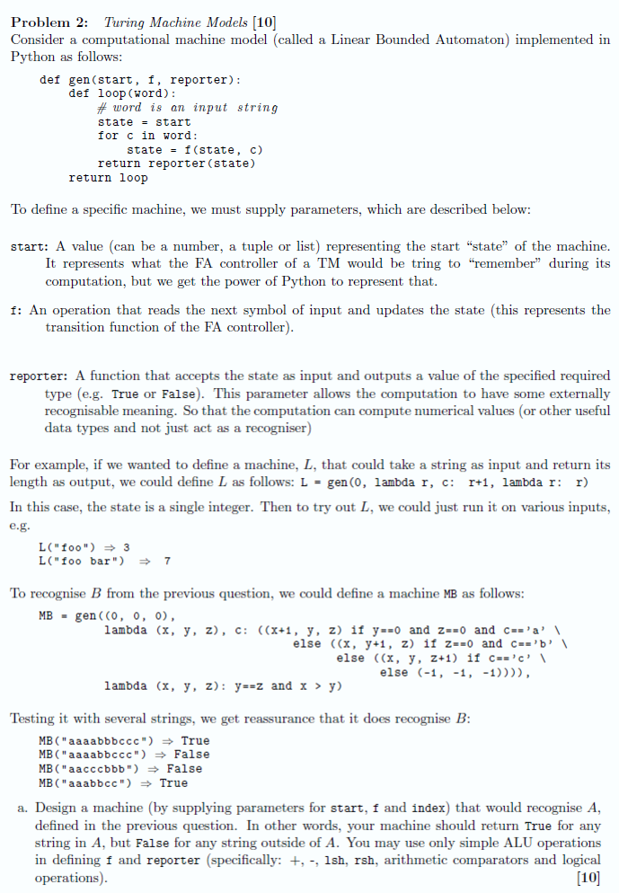 Solved Problem 2: Turing Machine Models [10] Consider a | Chegg.com