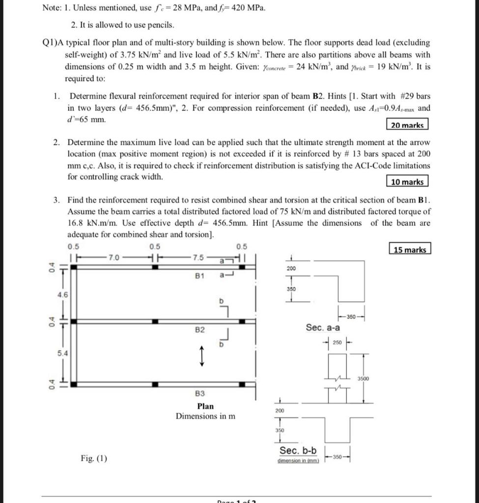 Note: 1. Unless mentioned, use f. = 28 MPa, and f= | Chegg.com
