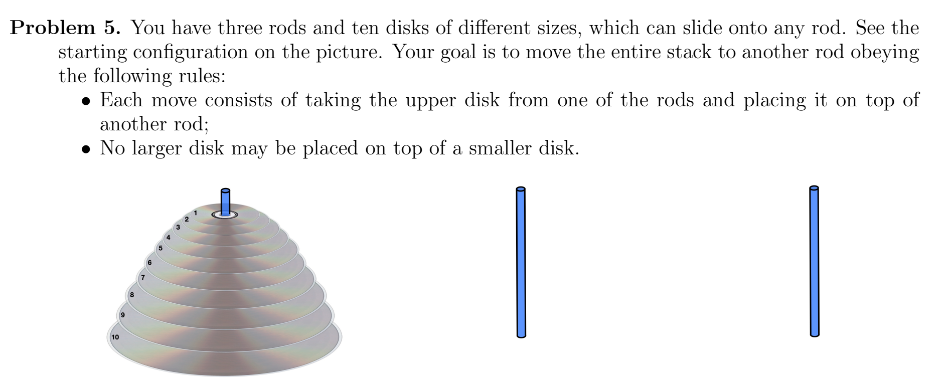 Problem 5. You have three rods and ten disks of | Chegg.com