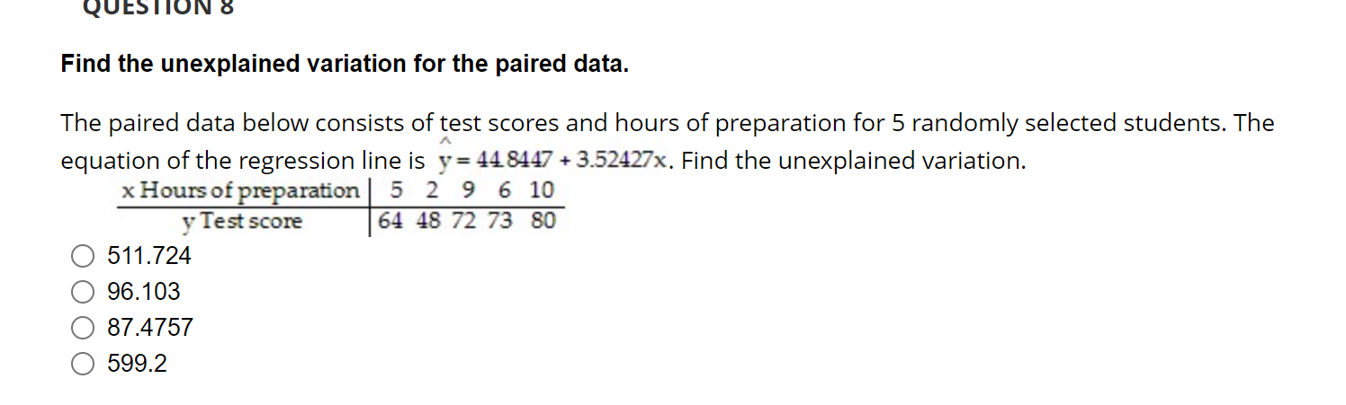 Solved Find the unexplained variation for the paired data. | Chegg.com