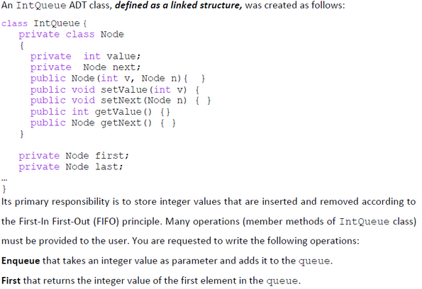 Solved An IntQueue ADT class, defined as a linked structure, | Chegg.com