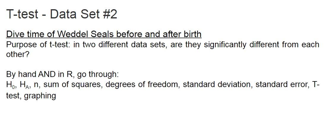 Solved T-test - Data Set \#2 Dive time of Weddel Seals | Chegg.com