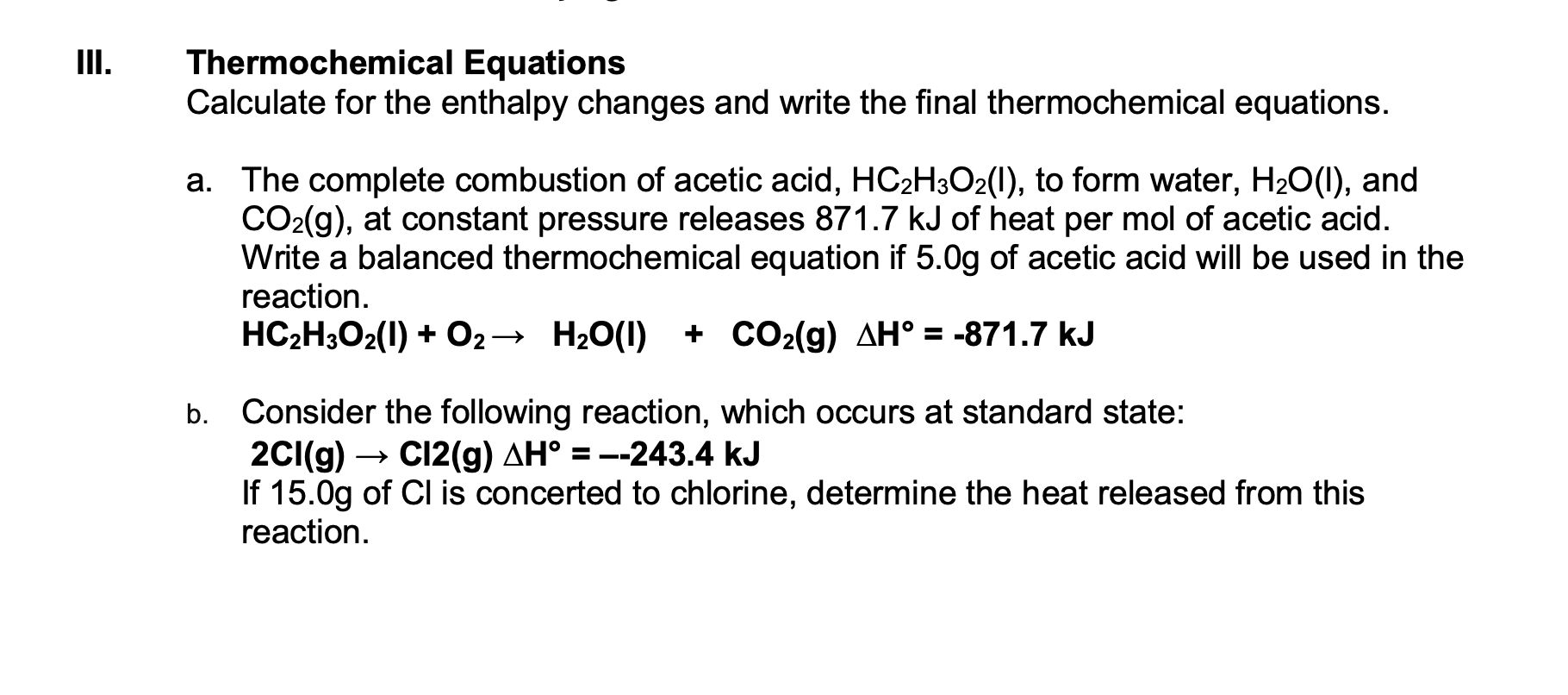 Solved III. Thermochemical Equations Calculate for the | Chegg.com