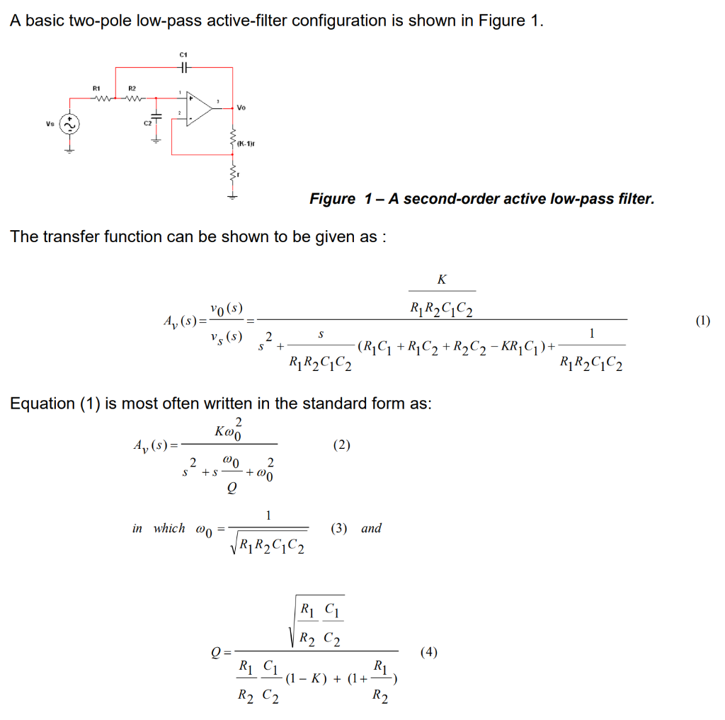 Solved A basic two-pole low-pass active-filter configuration | Chegg.com