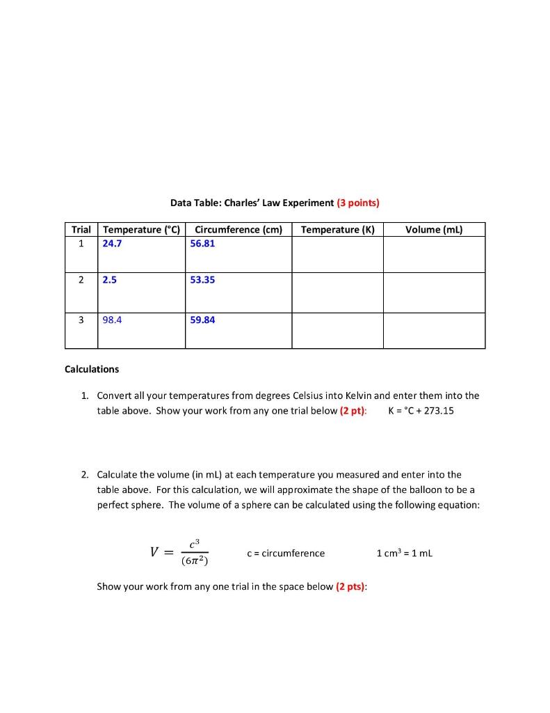 Solved Data Table: Charles' Law Experiment (3 points) Trial | Chegg.com