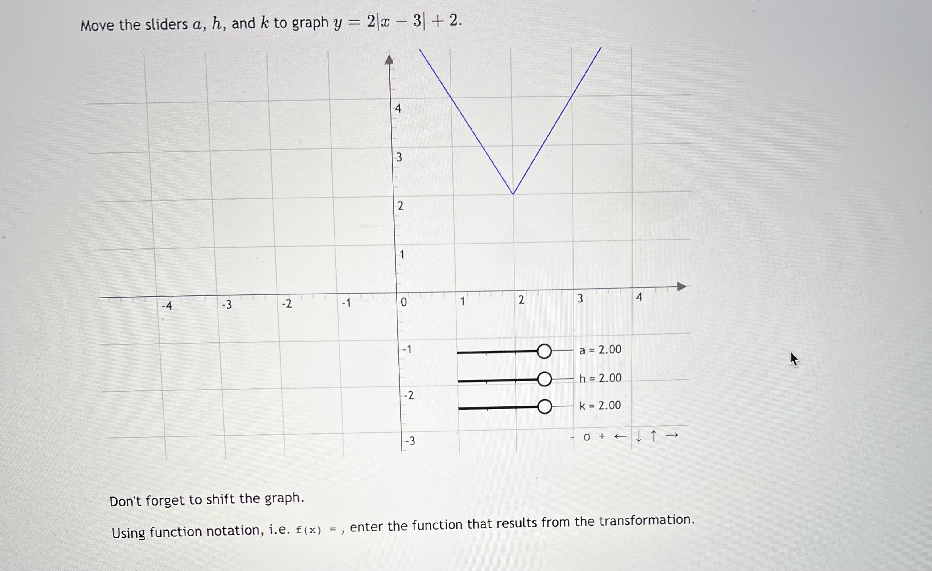 Solved Move the sliders a,h, and k to graph y=2∣x−3∣+2. | Chegg.com