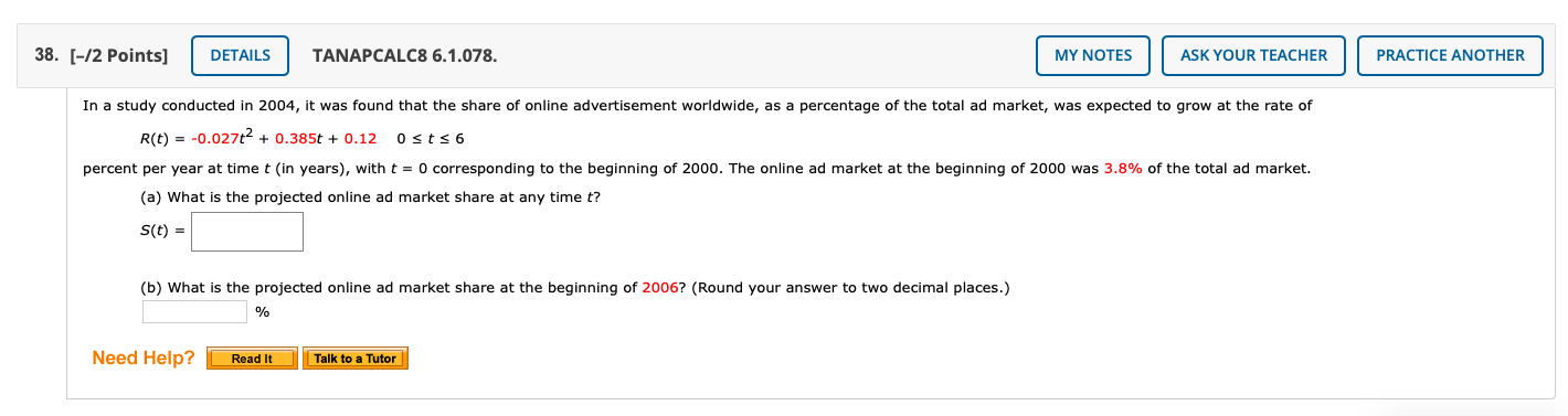 Solved 38. (-12 points) DETAILS TANAPCALC8 6.1.078. MY NOTES | Chegg.com