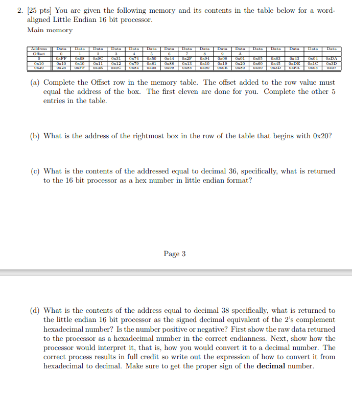 Solved 2. (25 pts) You are given the following memory and | Chegg.com