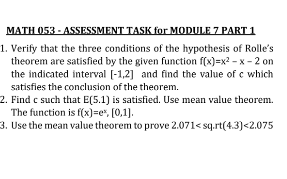 Solved MATH 053 - ASSESSMENT TASK for MODULE 7 PART 1 1. | Chegg.com