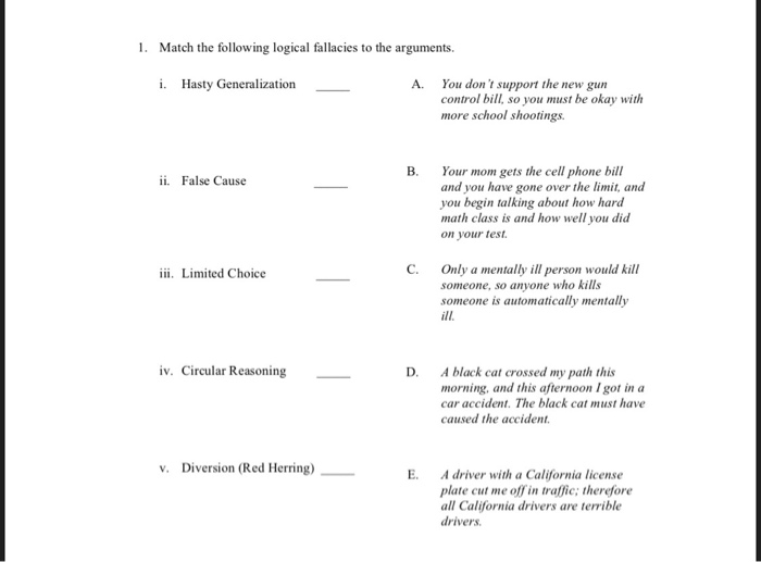 Solved 1. Match the following logical fallacies to the | Chegg.com