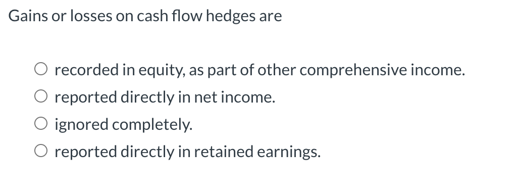Solved Gains or losses on cash flow hedges arerecorded in | Chegg.com