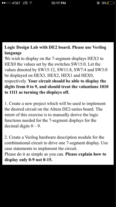 Solved Logic Design Lab with DE2 board. Please use Verilog | Chegg.com