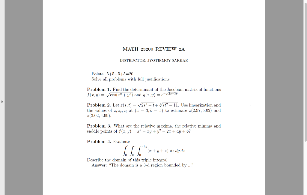 Solved MATH 23200 REVIEW 2A INSTRUCTOR: JYOTIRMOY SARKAR | Chegg.com