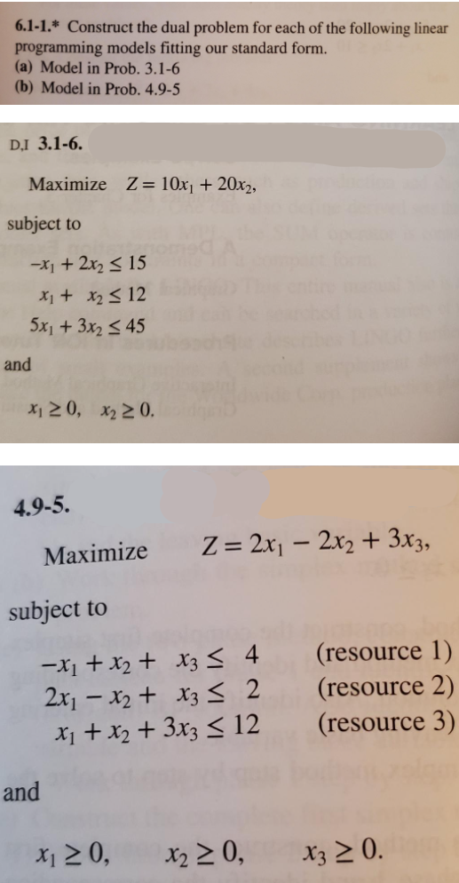 Solved 61 1 Construct The Dual Problem For Each Of The 