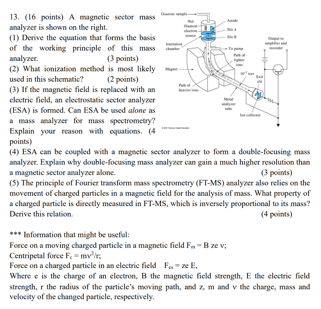 Solved 13. (16 points) A magnetic sector mass analyzer is | Chegg.com