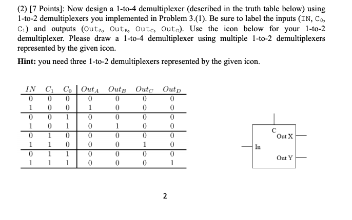 Solved (2) [7 Points]: Now design a 1-to-4 demultiplexer | Chegg.com