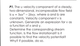 Solved The u velocity component of a steady, | Chegg.com