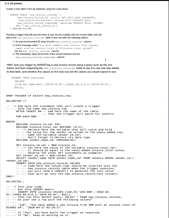 Solved 2.3) (35 points) Create a new table in the ap | Chegg.com