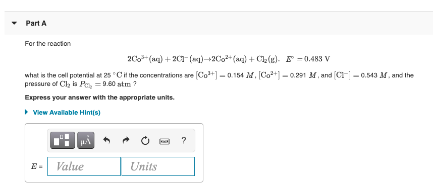 Solved For the reaction 2Co3+(aq)+2Cl−(aq)→2Co2+(aq)+Cl2(g). | Chegg.com