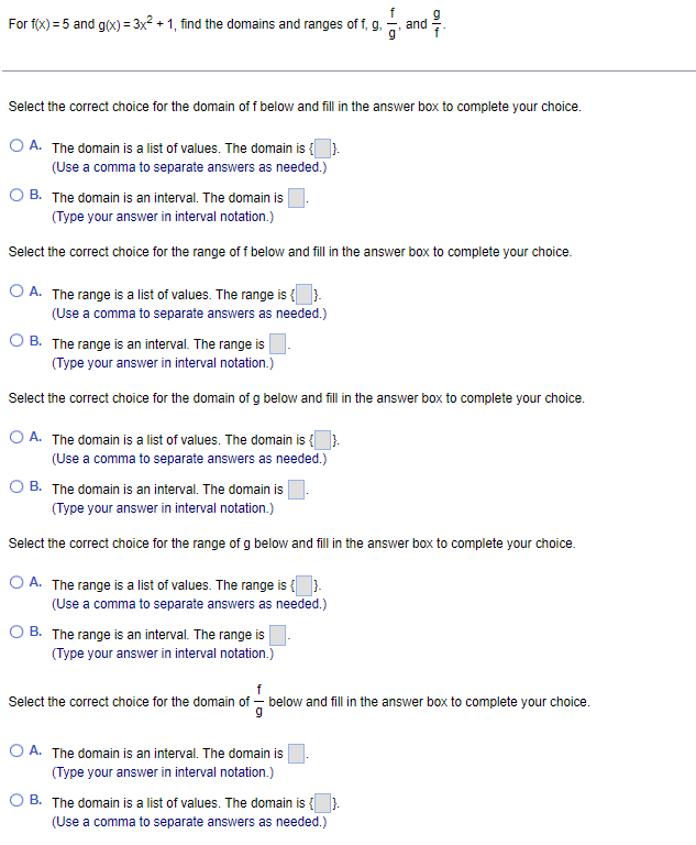 Solved For f(x)=5 and g(x)=3x2+1, find the domains and | Chegg.com
