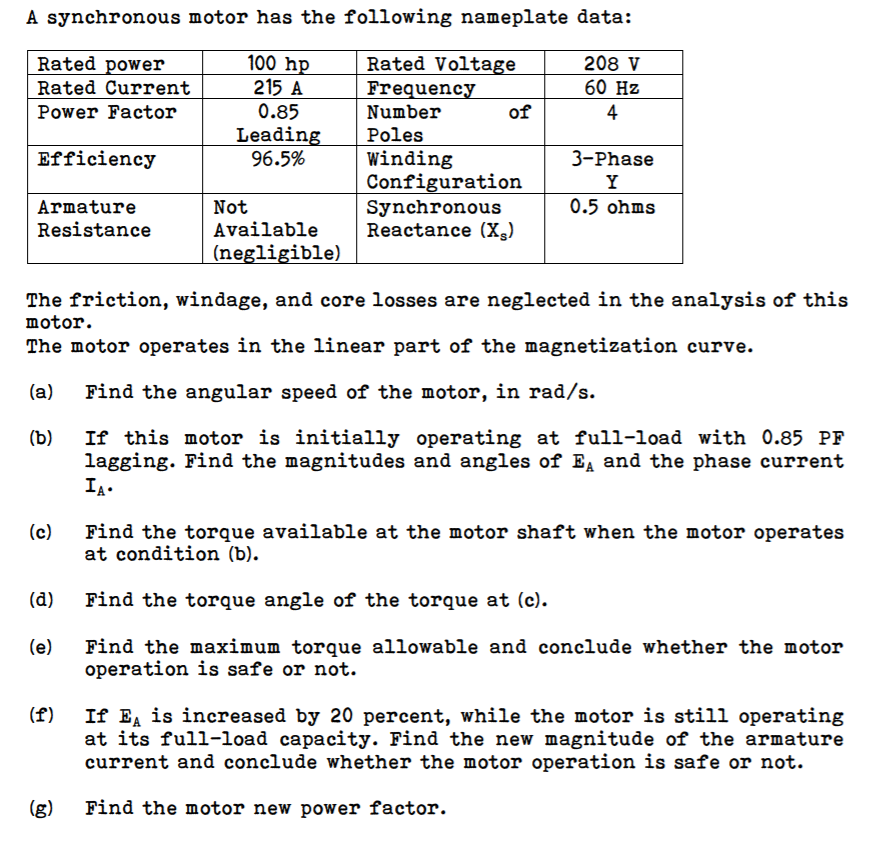 Solved A synchronous motor has the following nameplate data: | Chegg.com