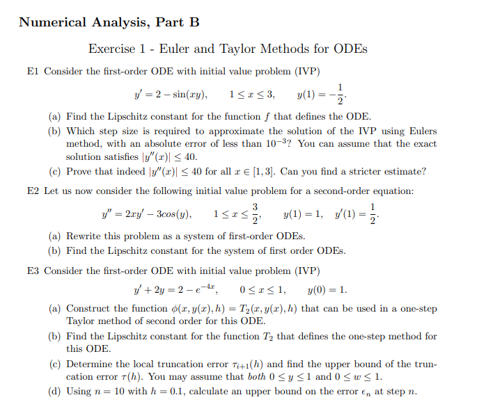 Solved Numerical Analysis, Part B Exercise 1 - Euler and | Chegg.com