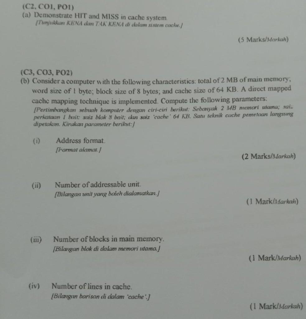 Solved (C2, CO1, PO1) (a) Demonstrate HIT and MISS in cache | Chegg.com