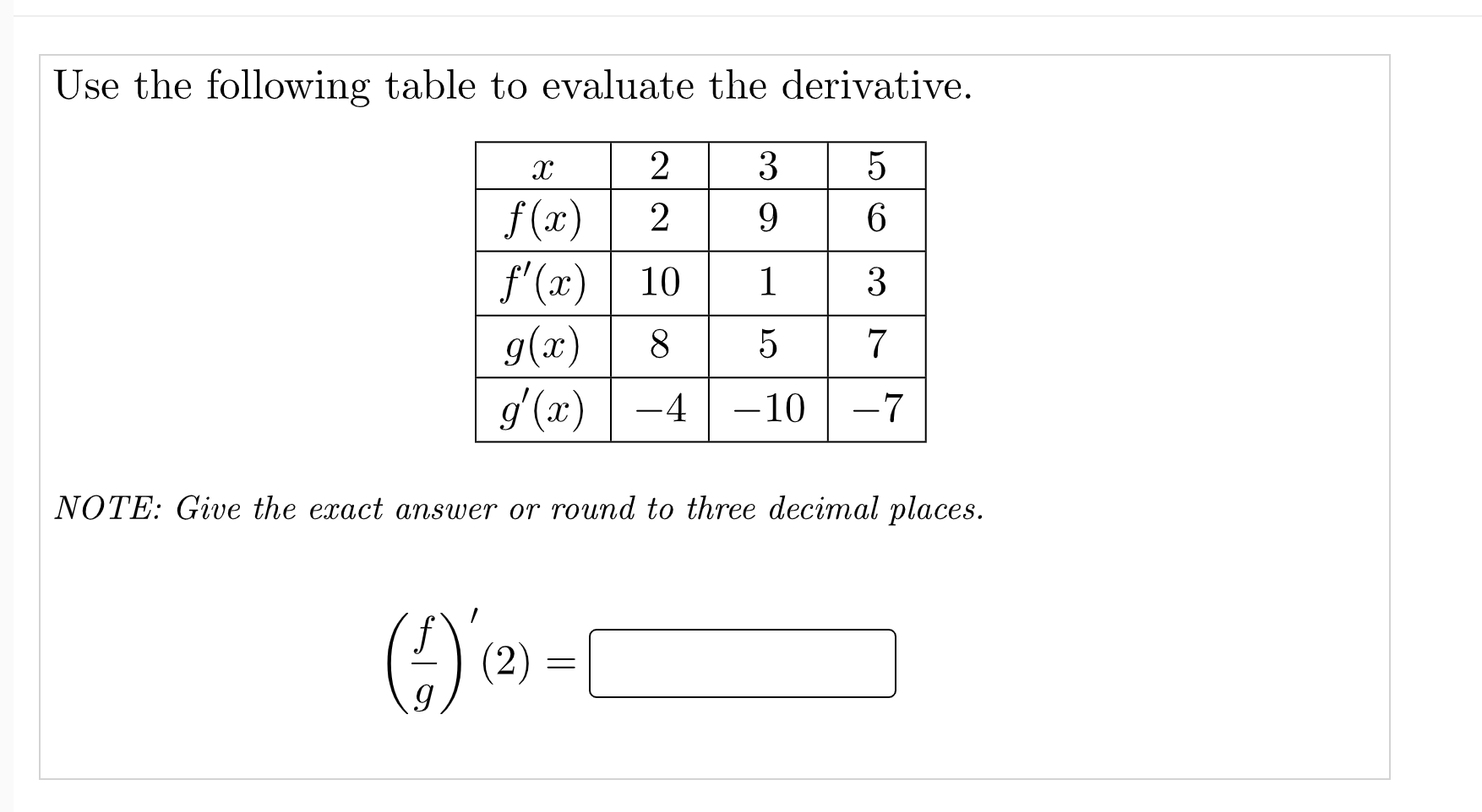 Solved Use the following table to evaluate the derivative. | Chegg.com