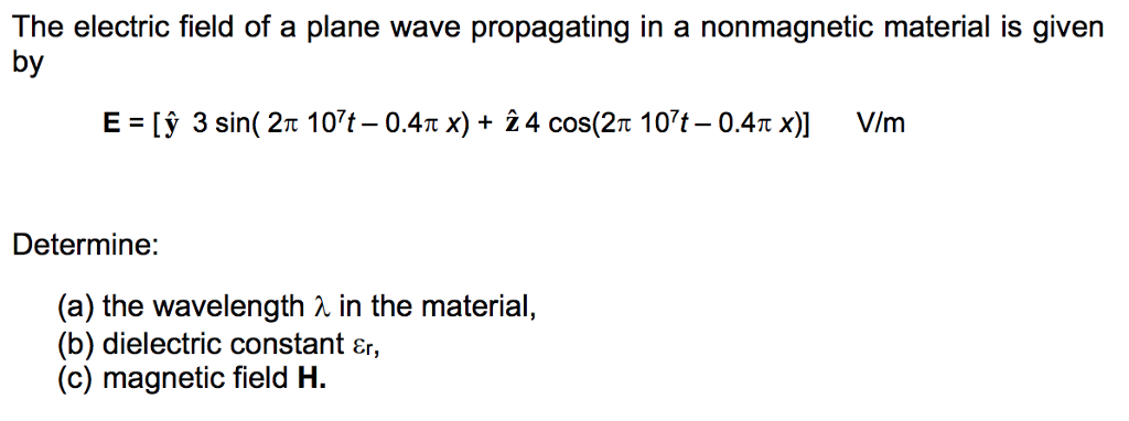Solved The electric field of a plane wave propagating in a | Chegg.com