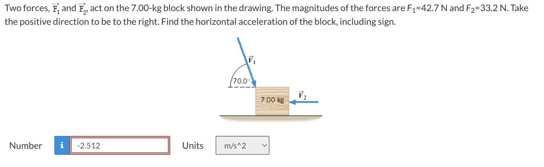 Solved Two forces, F1 and F2, act on the 7.00−kg block shown | Chegg.com