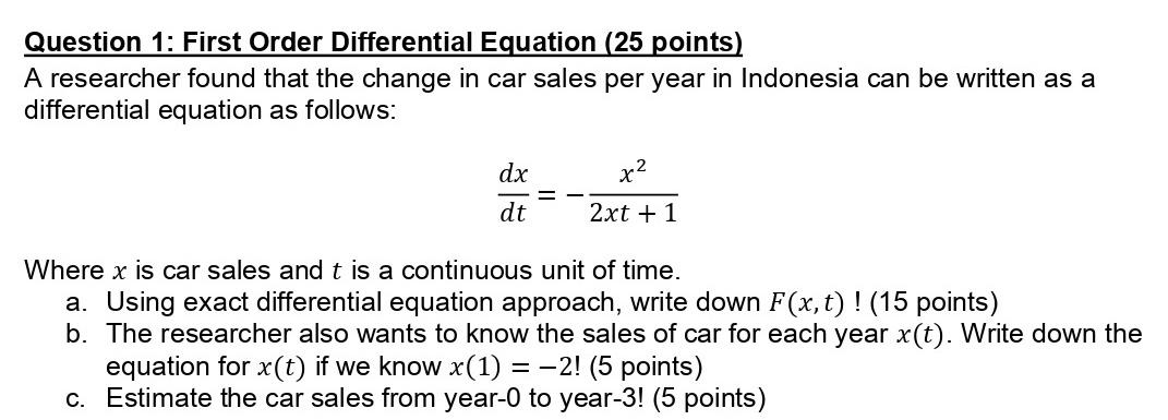 Solved Question 1: First Order Differential Equation (25 | Chegg.com