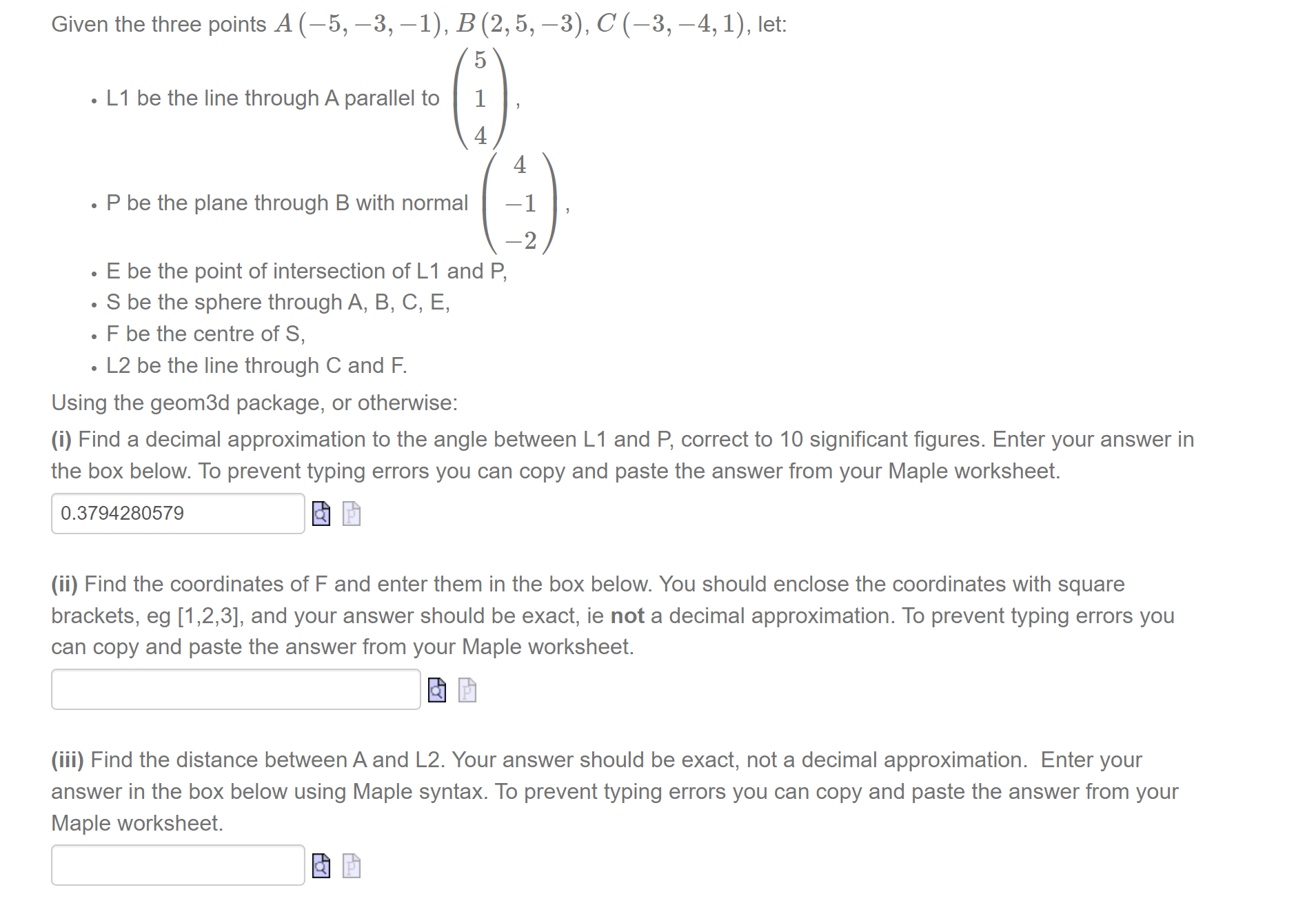 Solved Given the three points | Chegg.com
