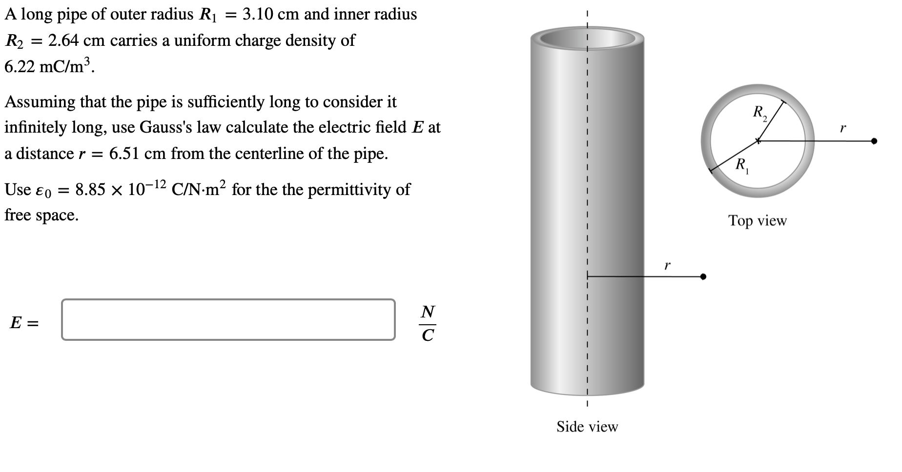 Solved A long pipe of outer radius R1 3.10 cm and inner | Chegg.com