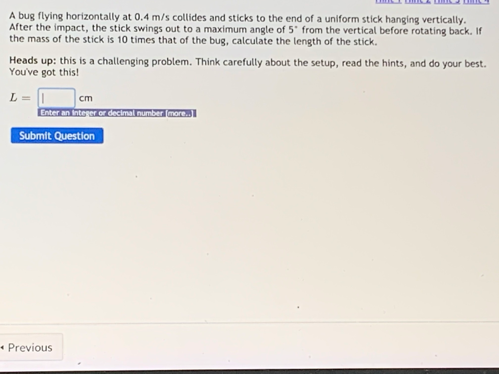 Solved A bug flying horizontally at 0.4 m/s collides and | Chegg.com