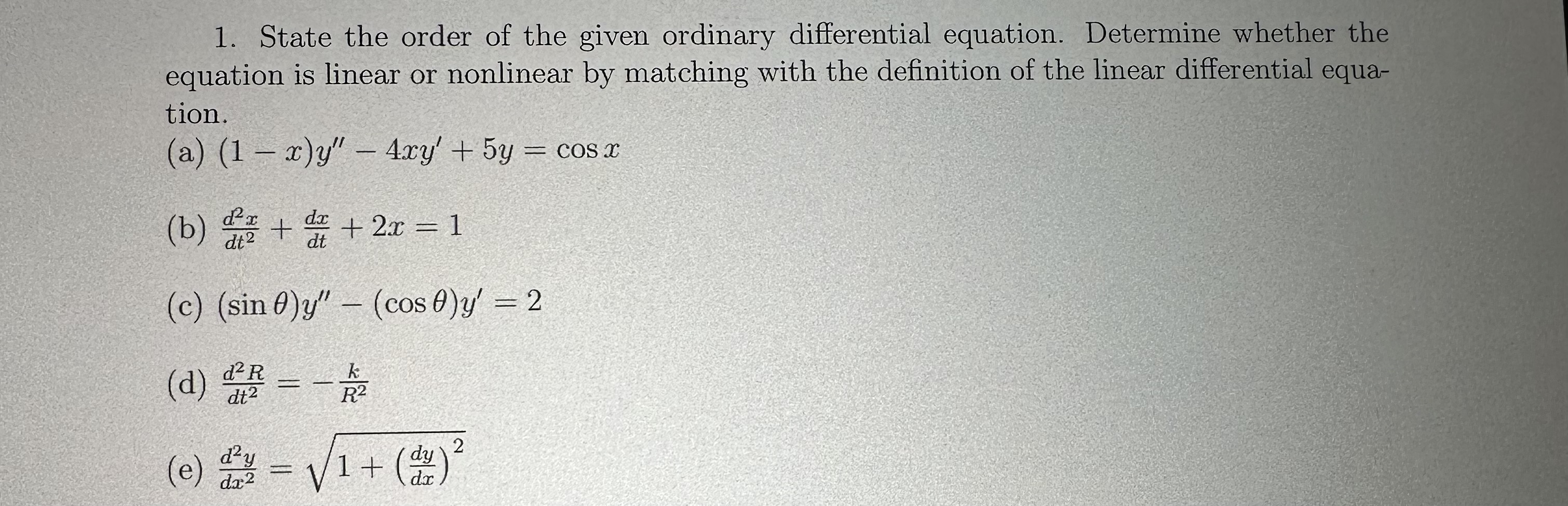 Solved 1 State The Order Of The Given Ordinary Differential