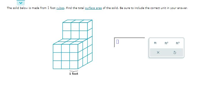 Solved The solid below is made from 1 foot cubes. Find the | Chegg.com