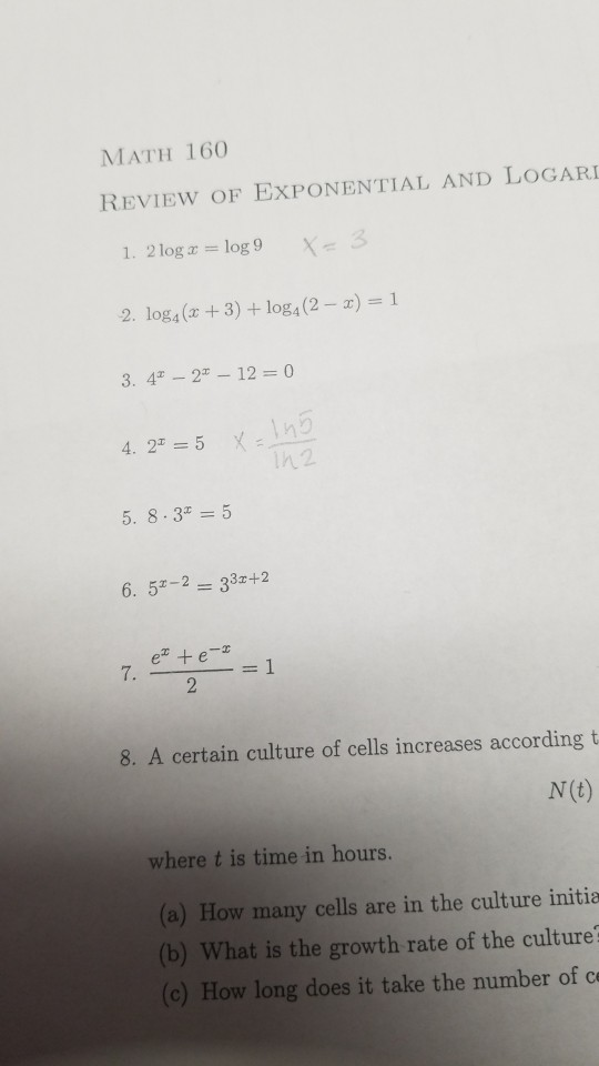 Solved MATH 160 REVIEW OF EXPONENTIAL AND LOGARI 1. 2log | Chegg.com