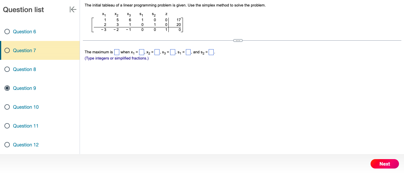 Solved Question list The initial tableau of a linear | Chegg.com