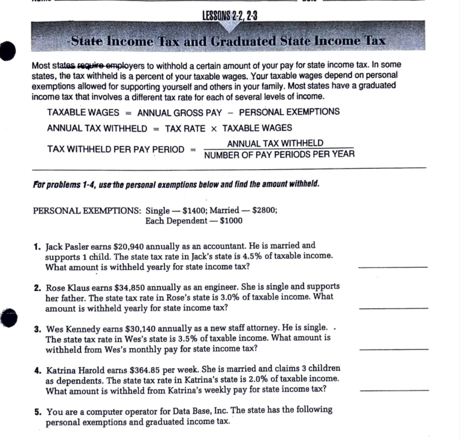 Solved LESSONS 2-2, 2-3 State Income Tax and Graduated State | Chegg.com