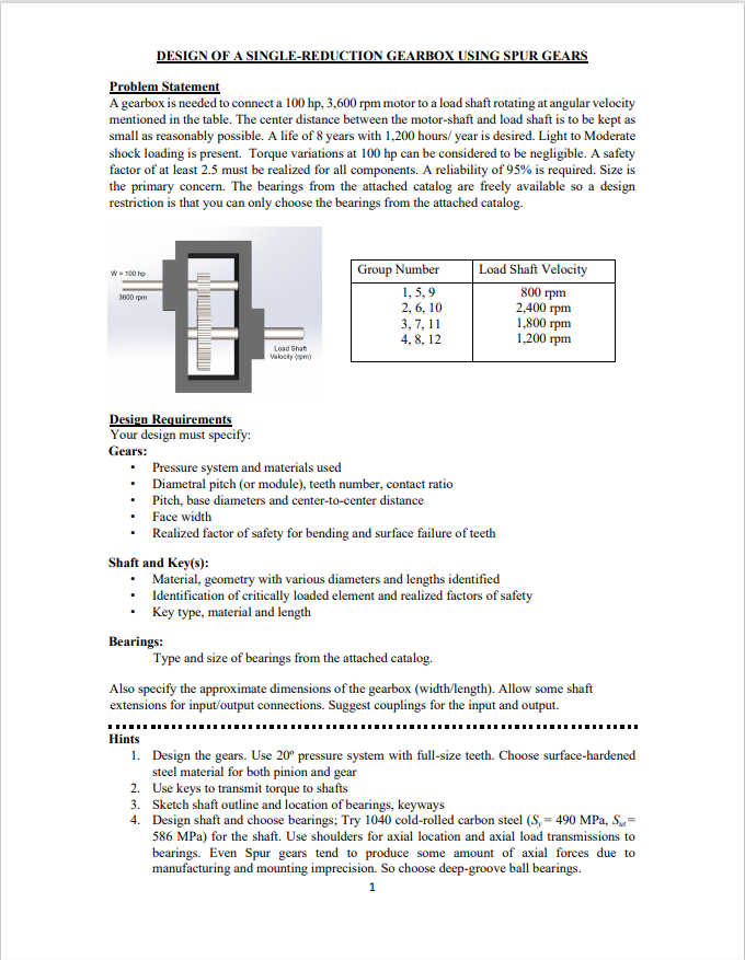 Solved DESIGN OF A SINGLE-REDUCTION GEARBOX USING SPUR GEARS | Chegg.com