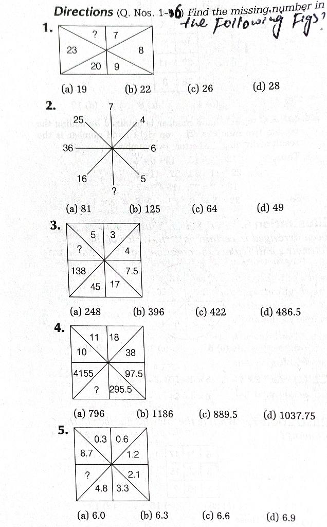 Solved Directions (Q. Nos. 1-56) Find the missing number in | Chegg.com