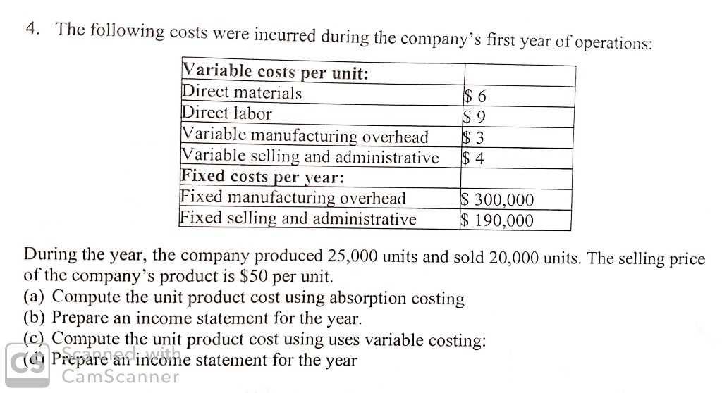 Solved 4. The following costs were incurred during the | Chegg.com