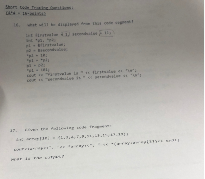 Solved Short Code Tracing Questions 44 16 Points 16 