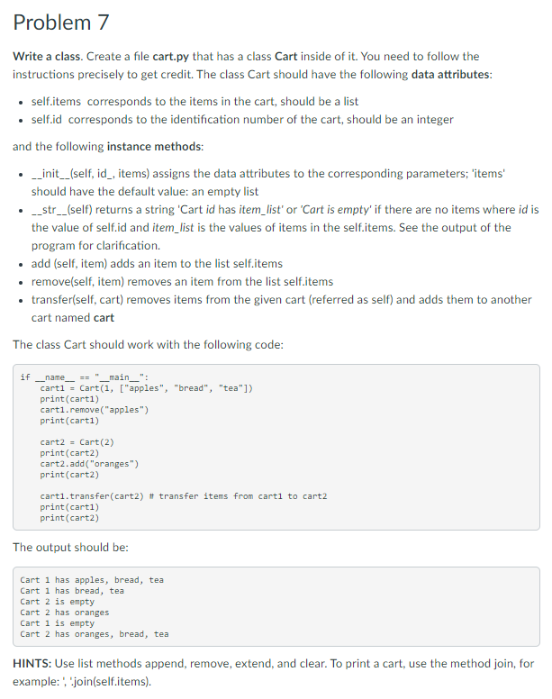 Solved Problem 7 Write a class. Create a file cart.py that | Chegg.com