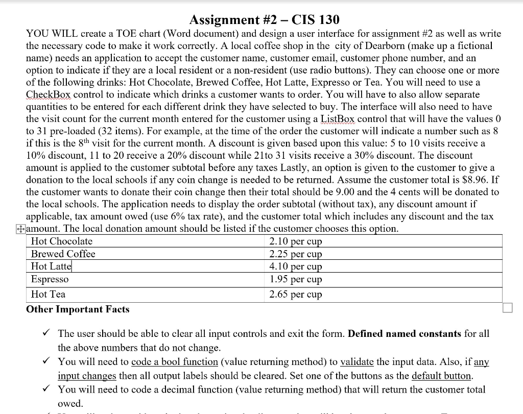 Assignment #2 - CIS 130 YOU WILL create a TOE chart | Chegg.com
