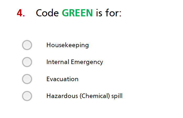 Solved Code GREEN is for: Housekeeping Internal Emergency | Chegg.com