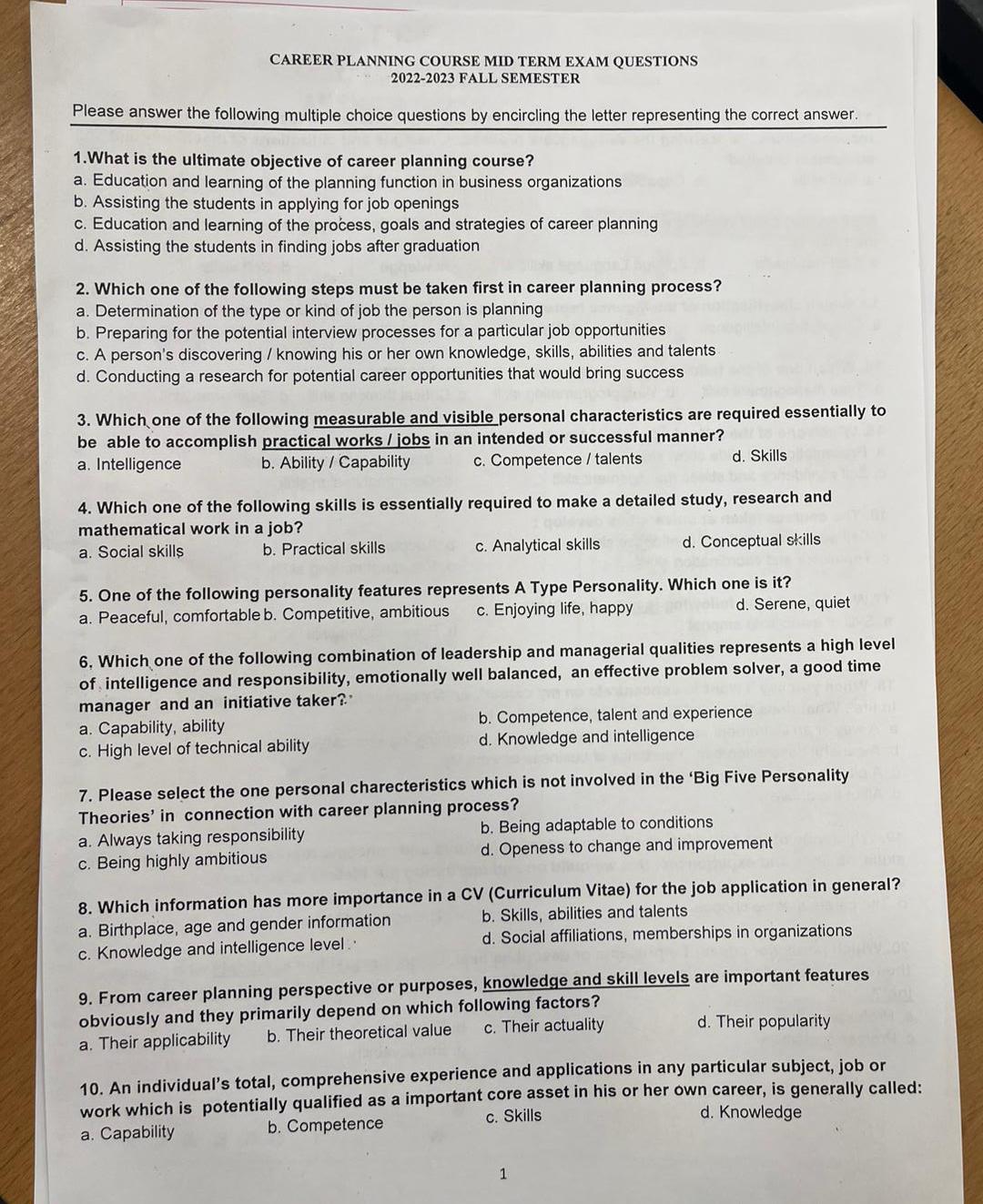 Solved CAREER PLANNING COURSE MID TERM EXAM | Chegg.com