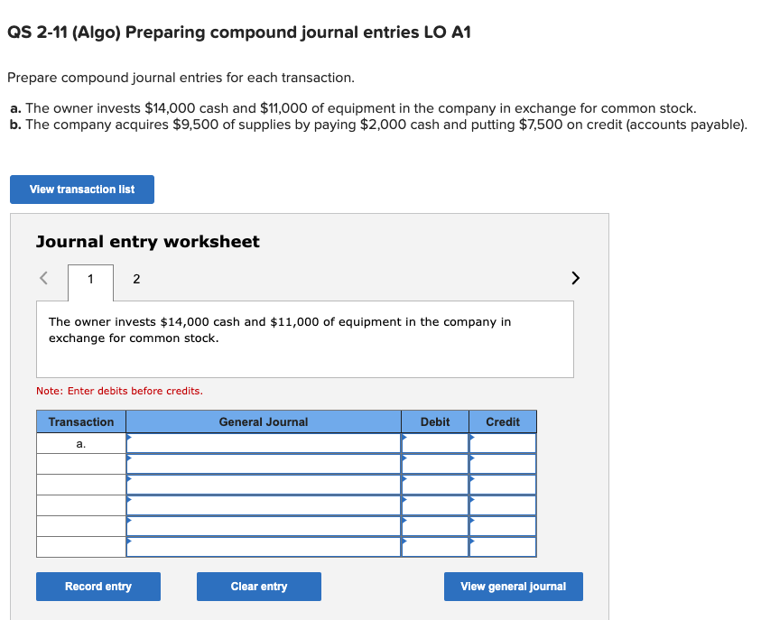 Solved QS 2-11 (Algo) Preparing compound journal entries LO | Chegg.com