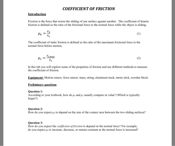 Solved COEFFICIENT OF FRICTION Introduction Friction is the | Chegg.com