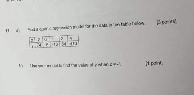 Solved 11. a) Find a quartic regression model for the data | Chegg.com